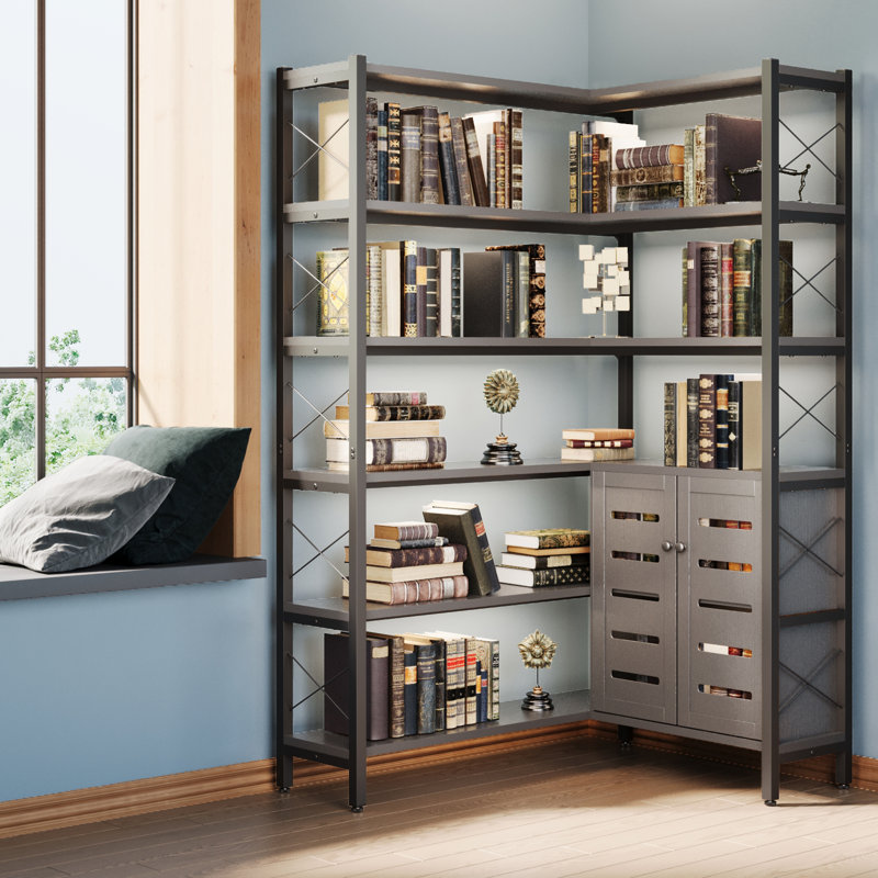 17 Stories 6 shelf Corner Bookshelf Vintage Industrial Corner Bookshelf Etagere Bookcase Large Book Shelf With Metal Frame Open Storage Corner Cabinet black lockers Wayfair